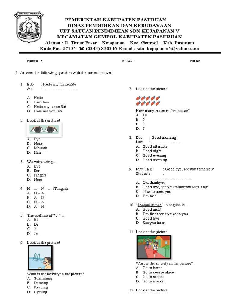 Soal PAS B.Ing Kelas 1 | PDF