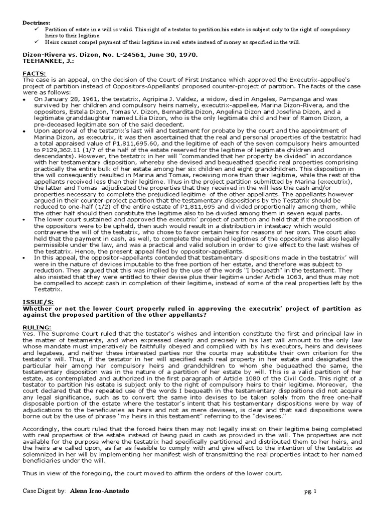 Dizon-Rivera vs. Dizon, No. L-24561 - Case Digest | PDF | Will And ...