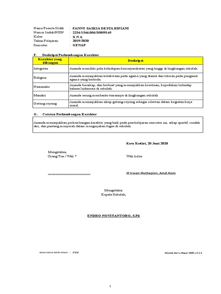 Aplikasi Raport Semester 2 N A.xlsx - RAPOT 1C FANI | PDF