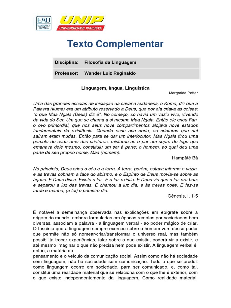 Texto Complementar | PDF | Linguística | Linguagem natural