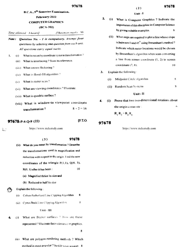 Bca 5 Sem Computer Graphics 97678 Feb 2022 | PDF