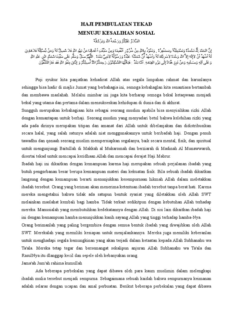 Khutbah Jum'at HAJI PEMBULATAN TEKAD MENUJU KESALIHAN SOSIAL | PDF