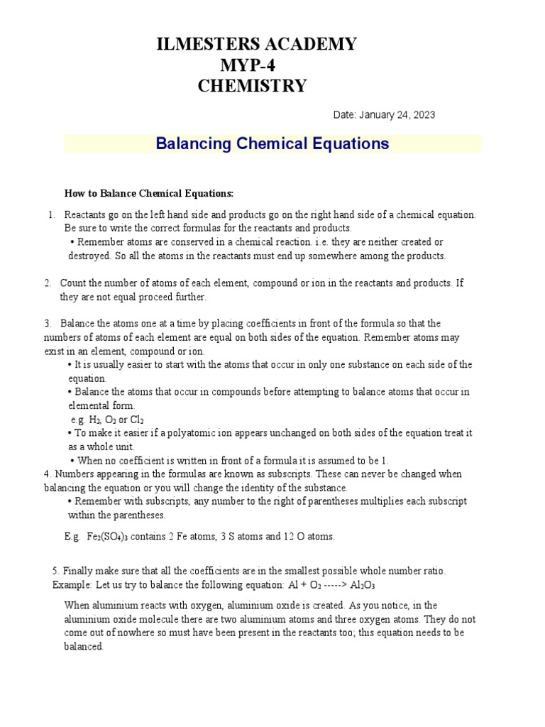 MYP-4 Chemistry: Balancing Equations | PDF | Chemical Compounds ...