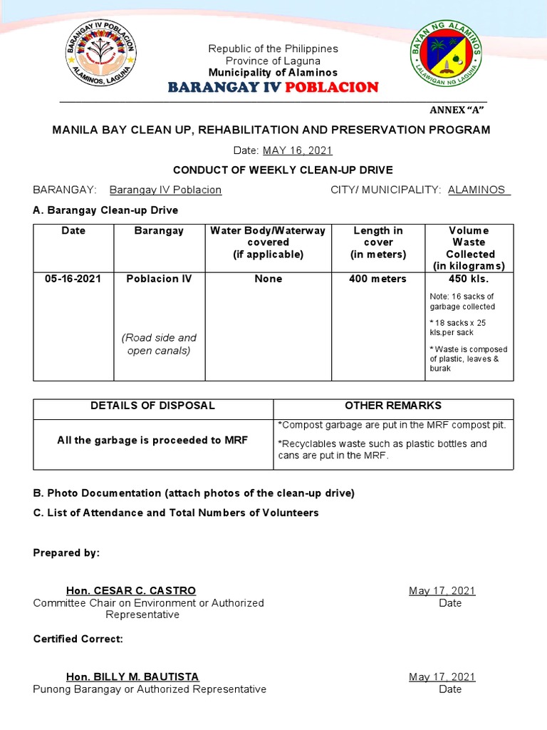 Weekly Clean-Up Drive in Barangay IV Poblacion | PDF | Environment ...