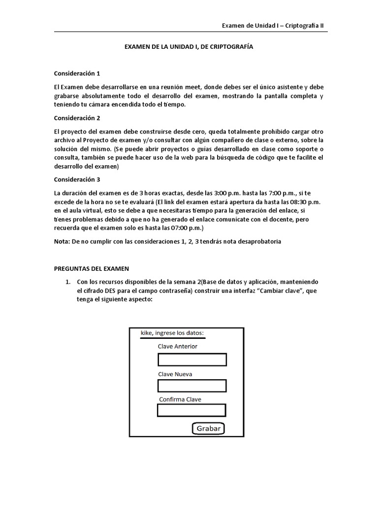 Examen Criptografía II: Requisitos | PDF | Cifrado | Clave (criptografía)