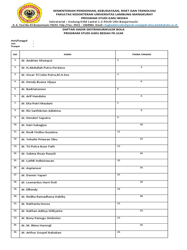Daftar Hadir Ekstrakurikuler Bola FK ULM | PDF | Sains & Matematika