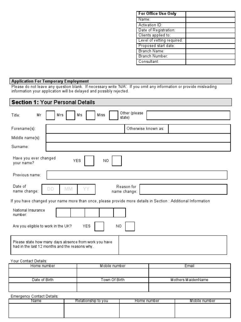 Application for Temporary Employment: A Comprehensive Personal and ...