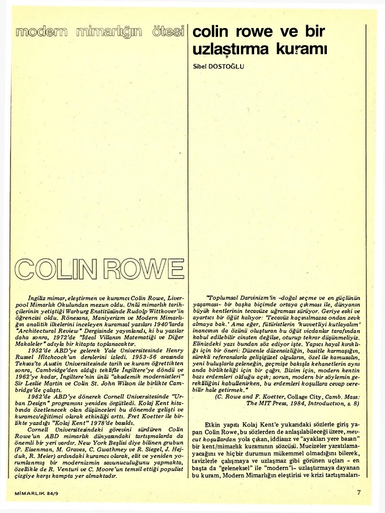 Colin Rowe Ve Bir Uzlaştırma Kuramı - Sibel Dostoğlu | PDF