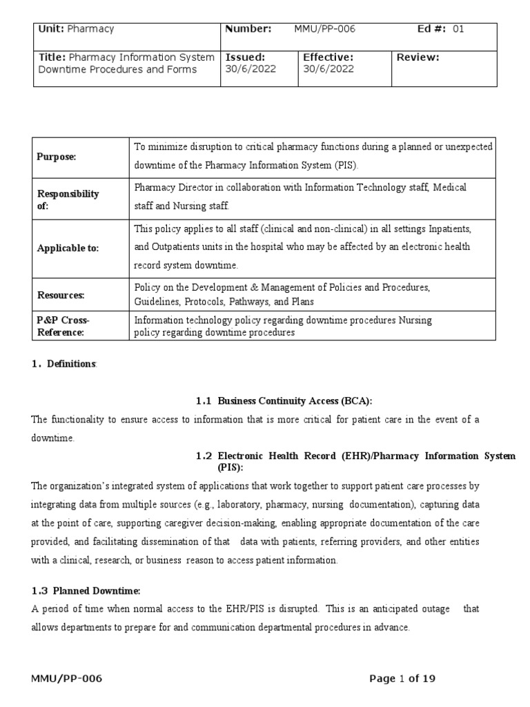 MMU-PP-006 Pharmacy Downtime Procedures and Forms-1 | PDF | Medical ...