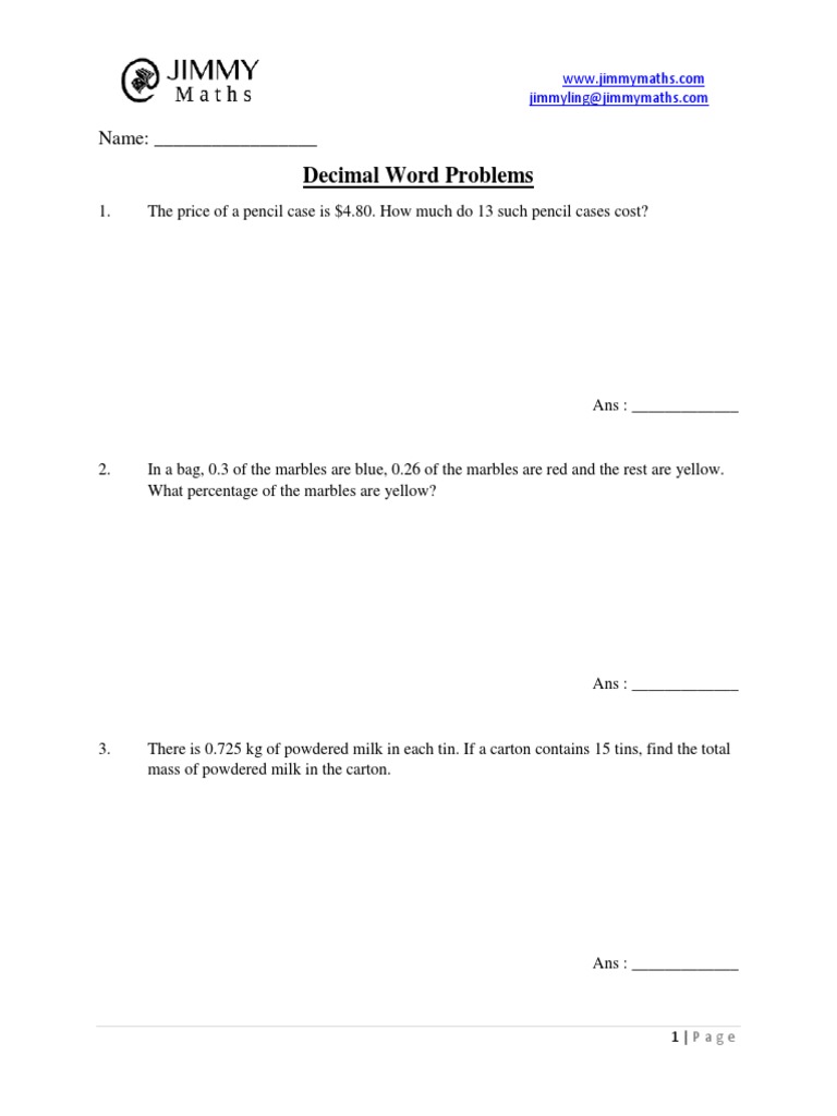 Solving Word Problems Involving Decimals: A Collection of Ten Math Word ...