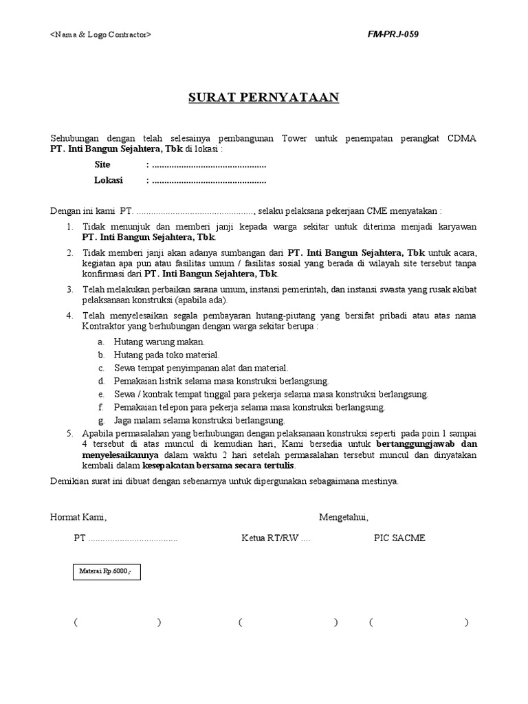 FM-PRJ-059 - Surat Pernyataan Bebas Hutang | PDF