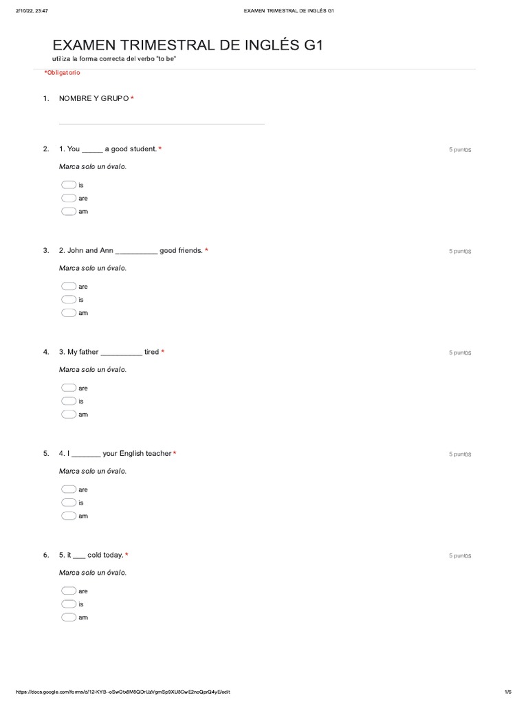 EXAMEN TRIMESTRAL DE INGLÉS G1 - Formularios de Google | PDF