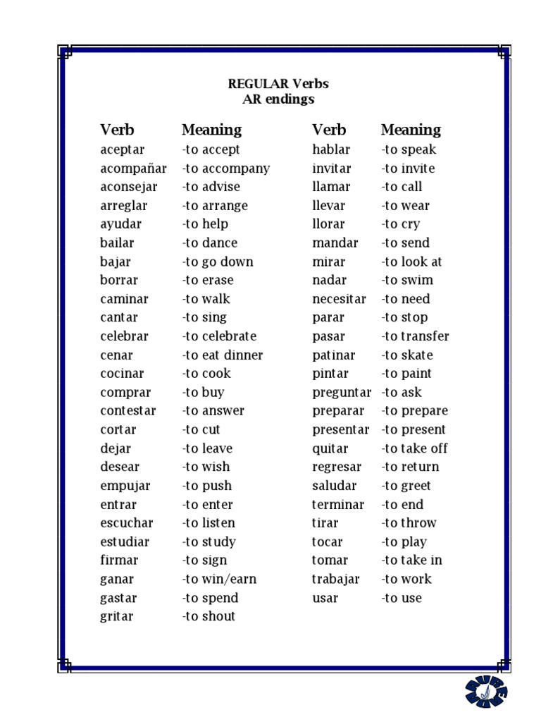 Spanish Regular Verbs AR, ER, and IR Endings | PDF