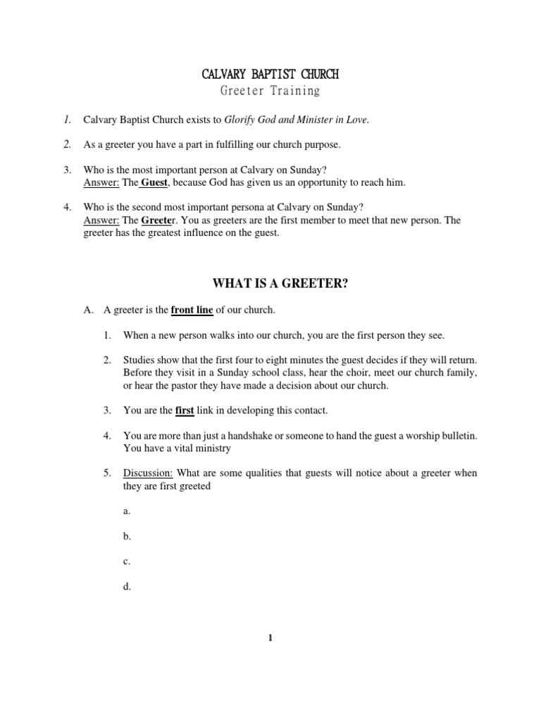 Greeter Training Calvary Baptist Church | PDF | Jesus