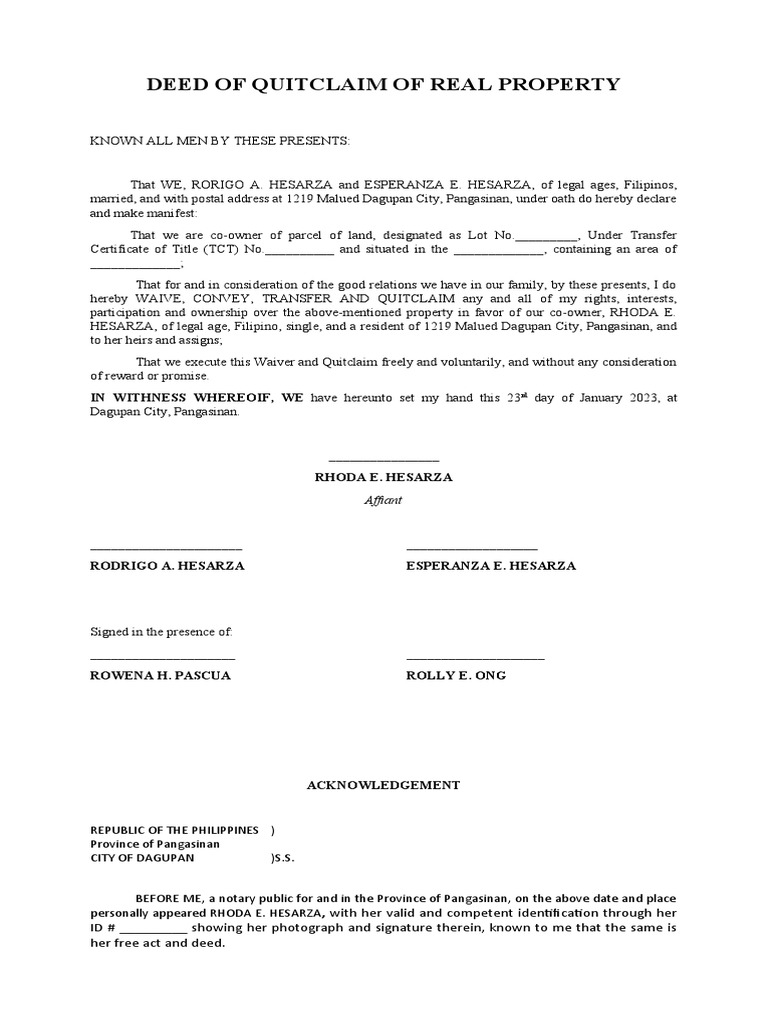 Deed of Quitclaim of Real Property | PDF