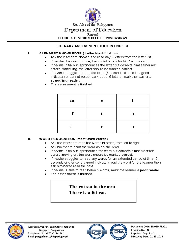 Reading Assessment Tool in English 1 | PDF