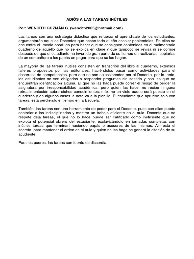 Crítica a las Tareas Inútiles en Educación | PDF | Crecimiento personal ...