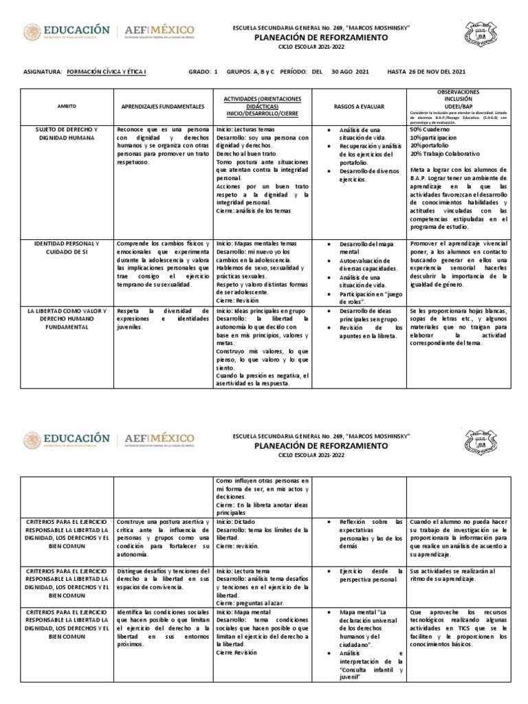 Formacion Civica Y Etica 1 30 09 21 Avance 1er Pdf Aprendizaje