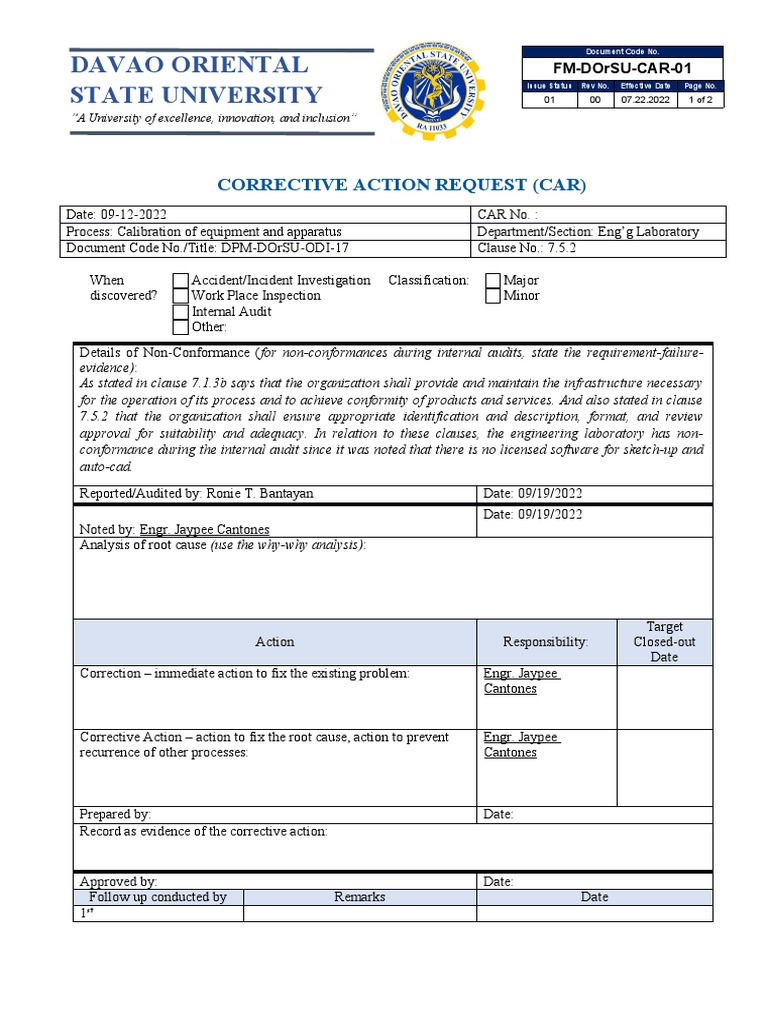 CORRECTIVE ACTION REQUEST Eng Lab 1 | PDF | Laboratories | Audit