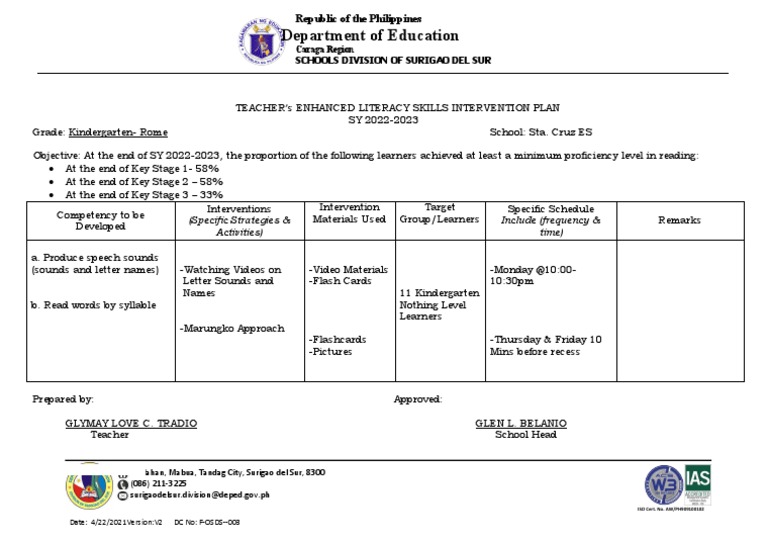 Teacher Enhanced Literacy Intervention Plan Final | PDF | Pedagogy ...