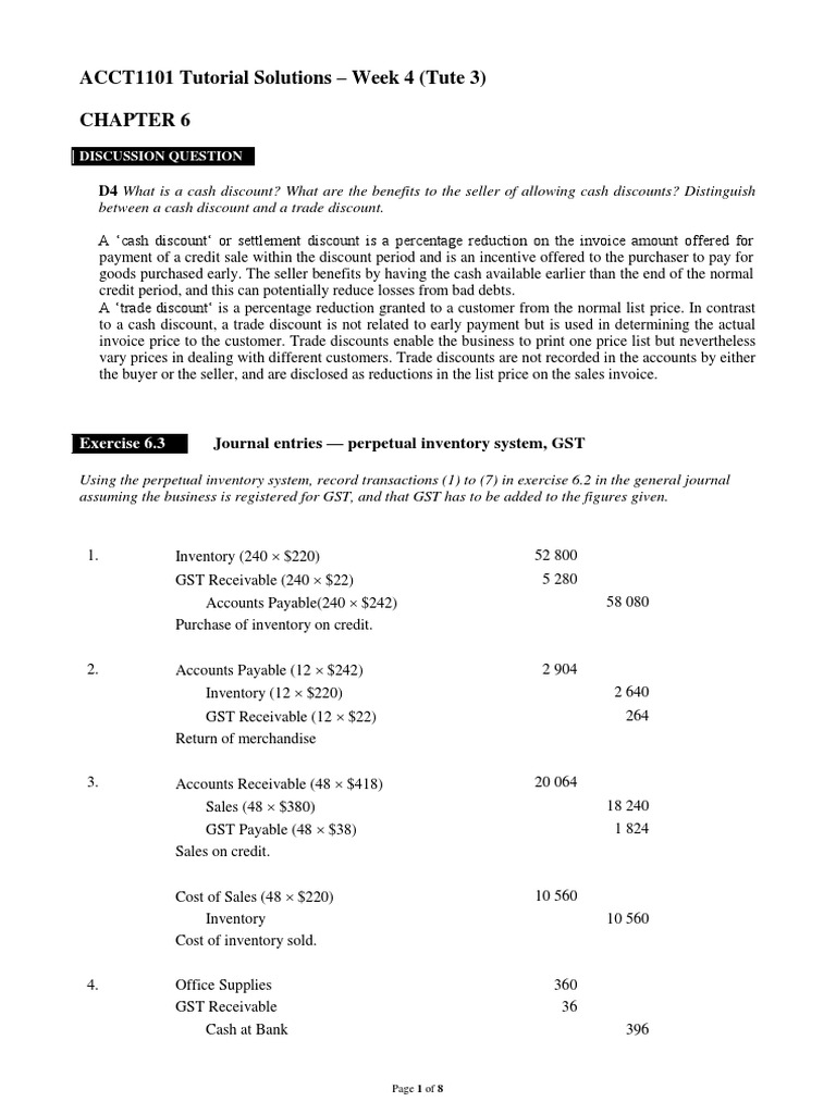 ACCT1101 Week 4 Tutorial Solutions | PDF | Debits And Credits ...