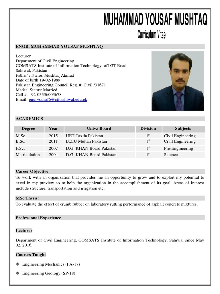 Civil Engineering Lecturer CV - Muhammad Yousaf | PDF | Laboratories | Engineering