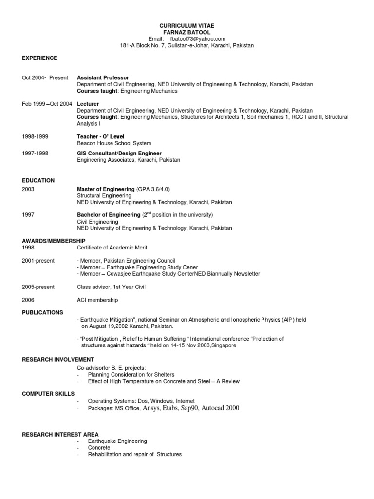A Detailed Curriculum Vitae Highlighting Farnaz Batool's Extensive Experience in Civil ...