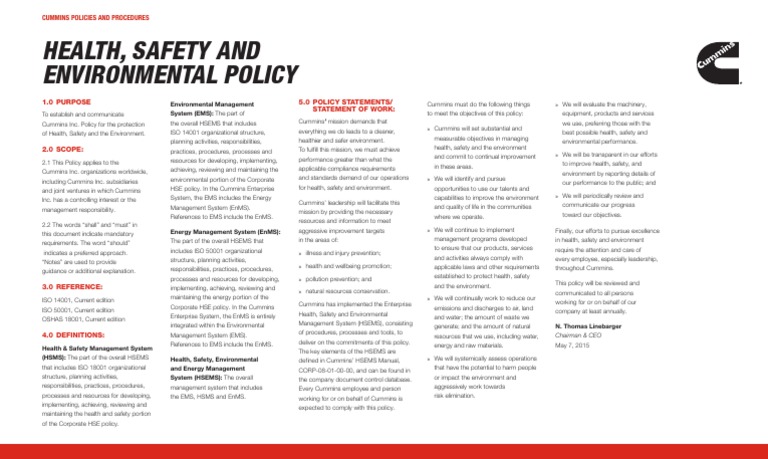 Cummins Health, Safety, and Environment Policy | PDF | Business | Economies