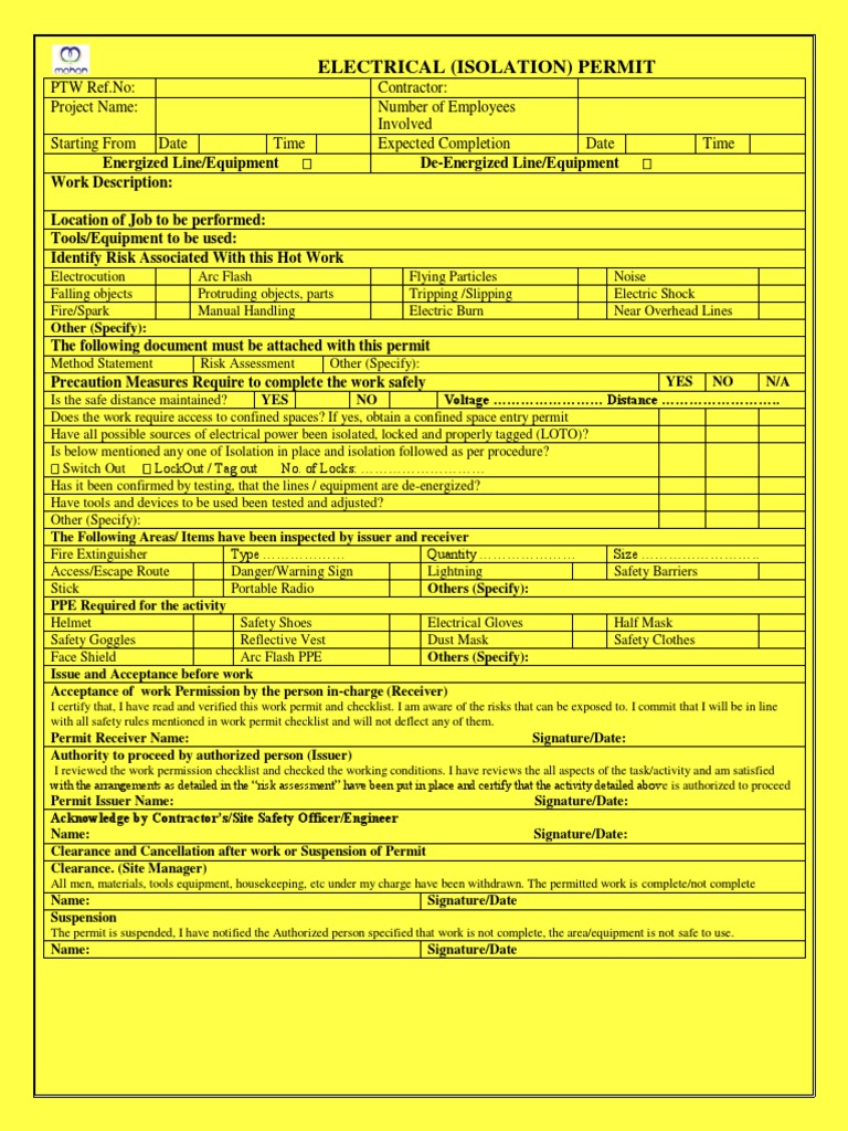 Electrical (Islation) Permit-YELLOW | PDF | Electricity | Working ...