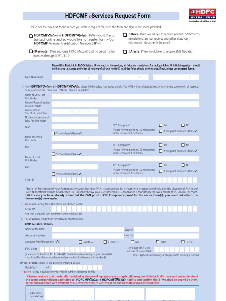 HDFC Mutual Fund Services Request Form | PDF | Mutual Funds | Cheque