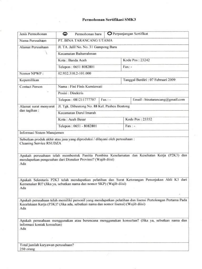 Form Sertifikasi SMK3 | PDF