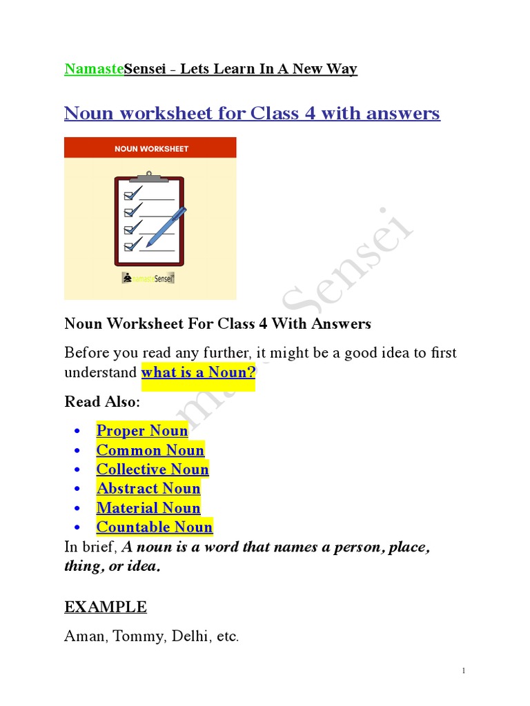 Noun Worksheet for Class 4 with Answers | PDF | Language Arts & Discipline