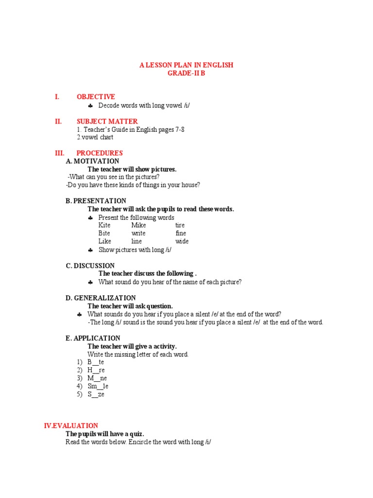 Grade 2 English Lesson Plan: Long Vowel /i/ | PDF