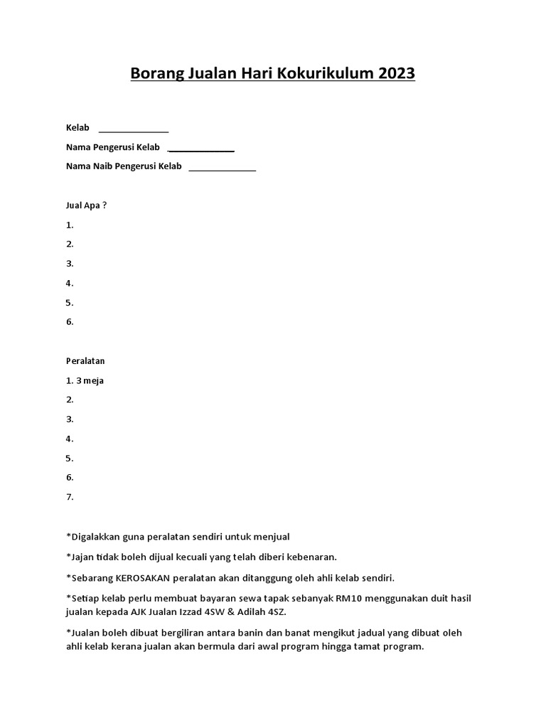 Borang Jualan Hari Kokurikulum 2023 | PDF