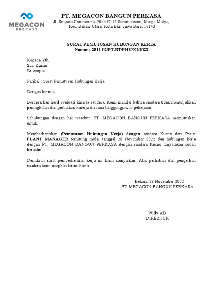 Surat Pemutusan Hubungan Kerja Plant Manager | PDF Surat Pemutusan Hubungan Kerja Plant Manager | PDF