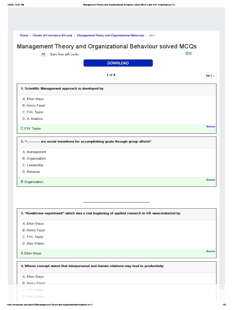 Management Theory and Organizational Behaviour Solved MCQ's With PDF ...