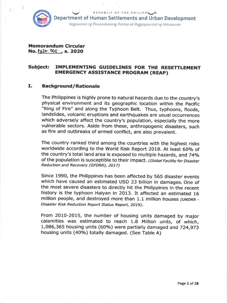 Memorandum Circular No.2020-005 Resettlement | PDF