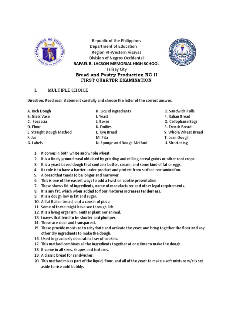 BPP First QTR - Exam | PDF | Breads | Dough