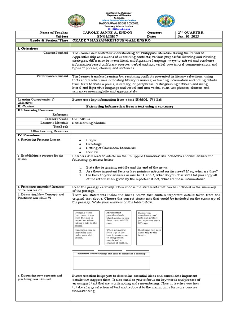 Grade 7 English 2nd Quarter Lessons | PDF | Learning | Train