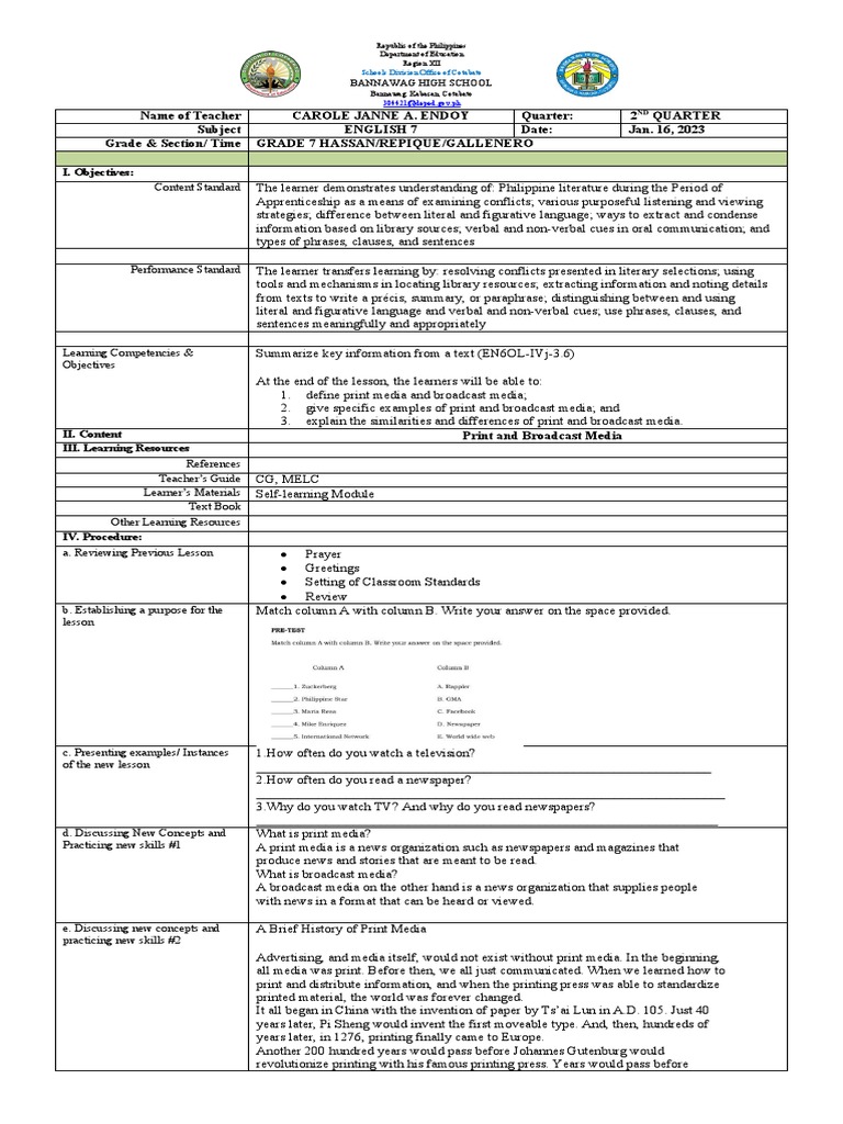 Grade 7 2ND Quarter Lesson Plan | PDF | Learning | Printing