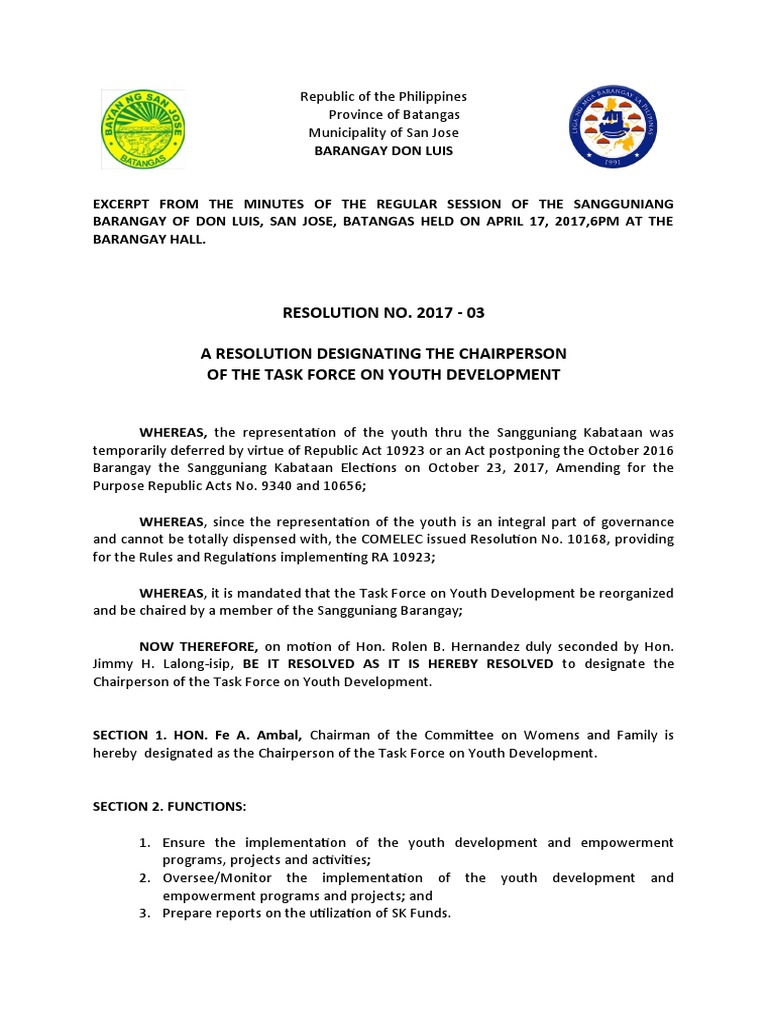 Barangay Resolution - TFYD Chair (1) BRENDA 3 | PDF | Government ...