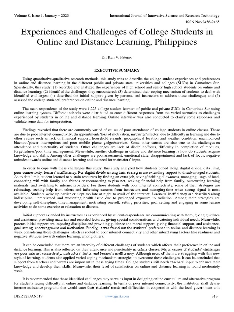 Experiences and Challenges of College Students in Online and Distance ...