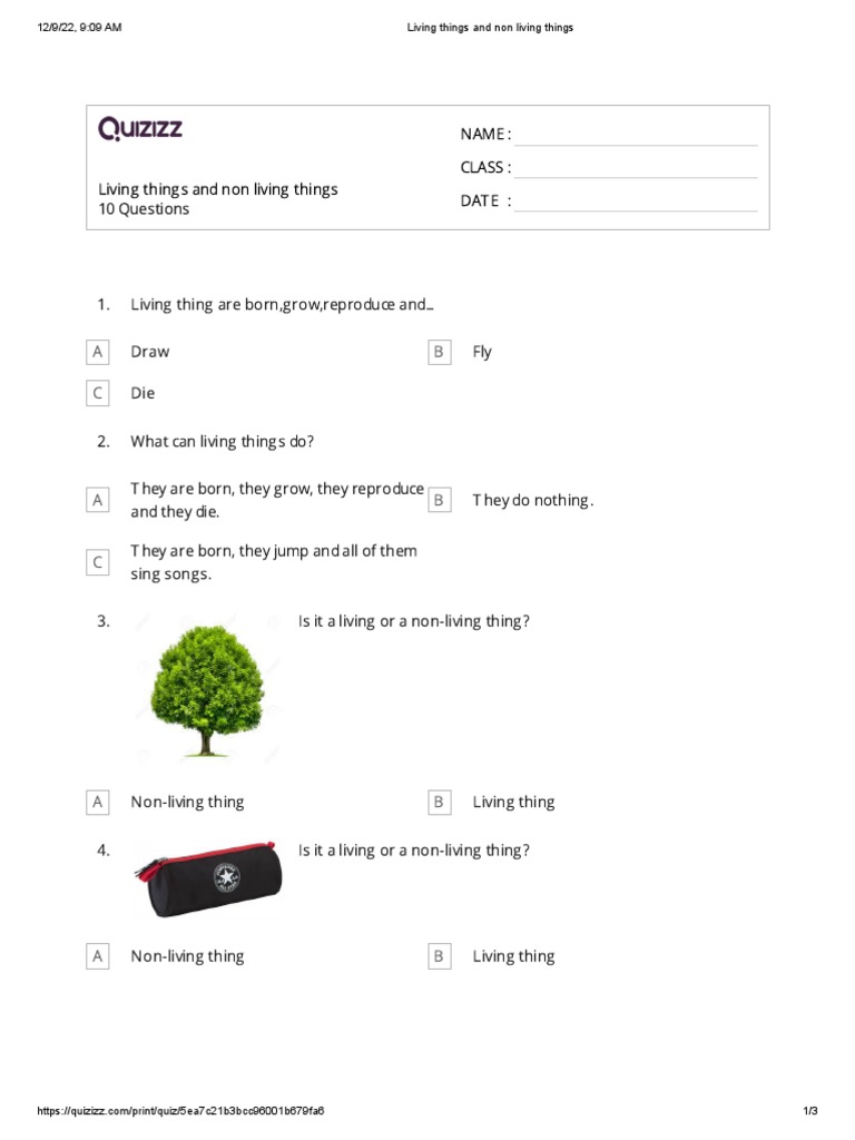 Living Things and Non Living Things Quiz | PDF