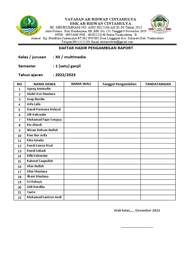 Daftar Hadir Pengambilan Raport | PDF