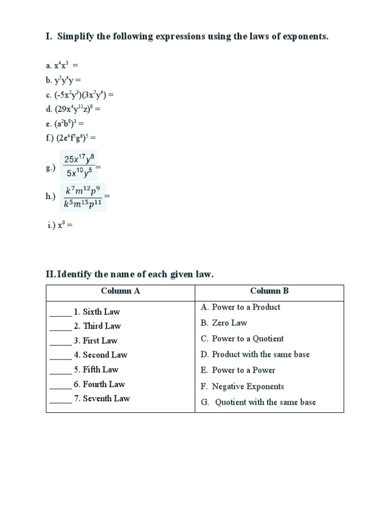 Simplify The Following Expressions Using The Laws of Exponents | PDF