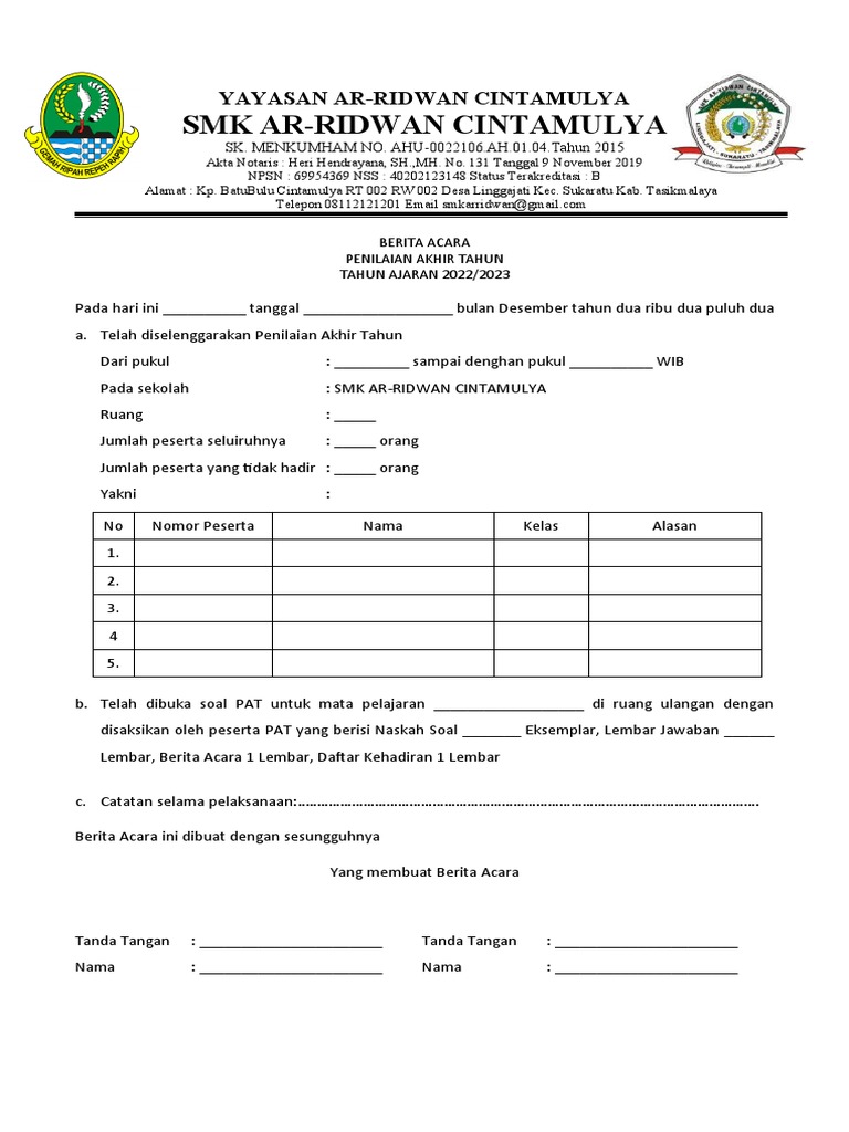 Contoh Berita Acara Pelaksanaan UAS Format Microsoft Word | PDF