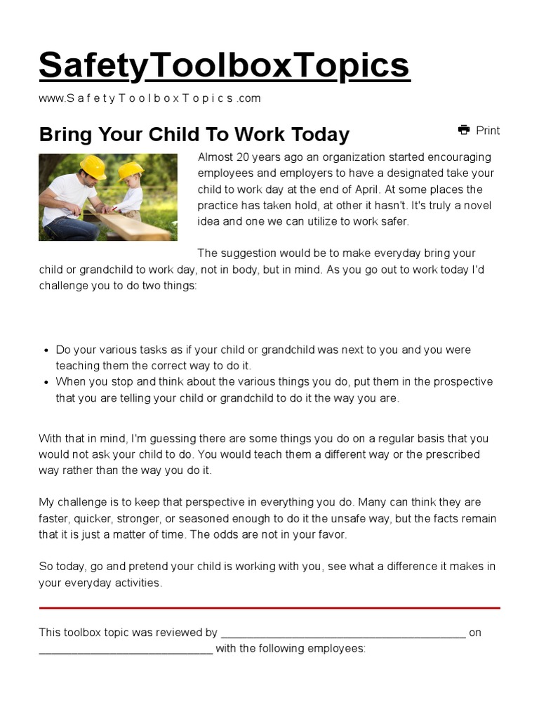 Bring Your Child To Work Today - Safety Toolbox Talks Meeting Topics | PDF