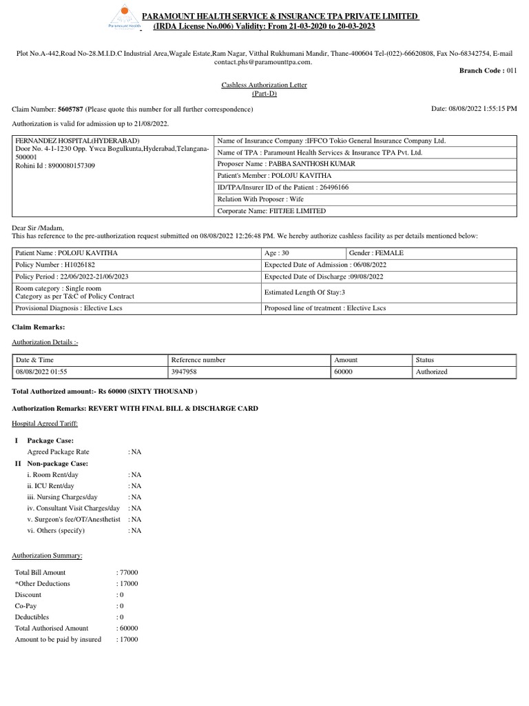 Cashless Authorization Letter for Elective Lscs Procedure at Fernandez ...