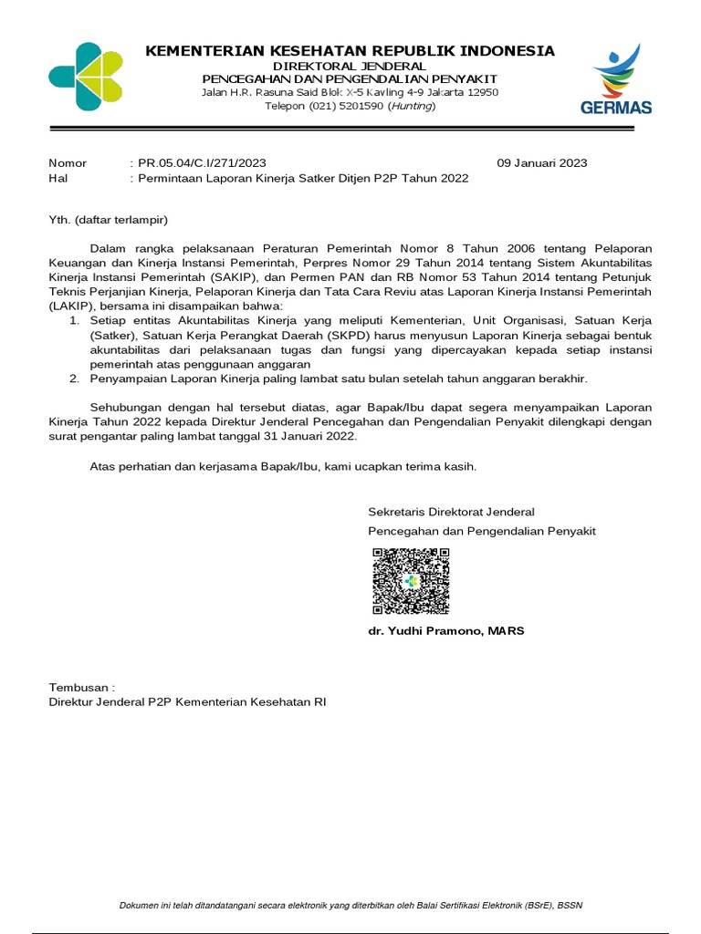 Surat Permintaan Laporan Kinerja Satker Ditjen P2P | PDF Surat Permintaan Laporan Kinerja Satker Ditjen P2P | PDF
