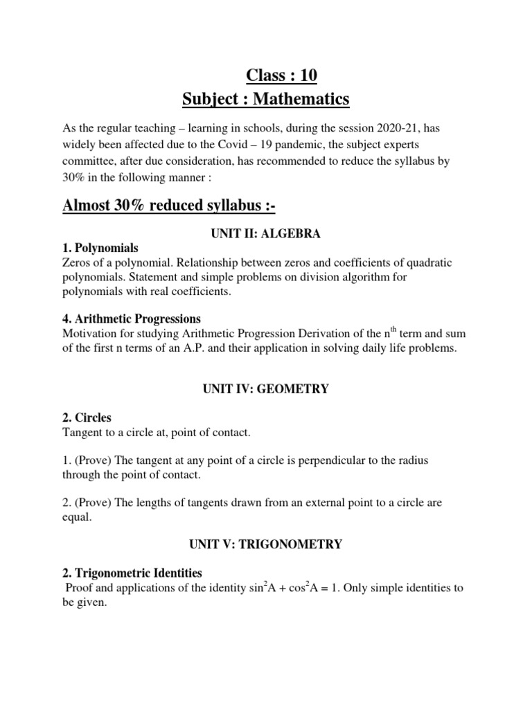 Class 10 Mathematics Syllabus Overview | PDF | Triangle | Trigonometry